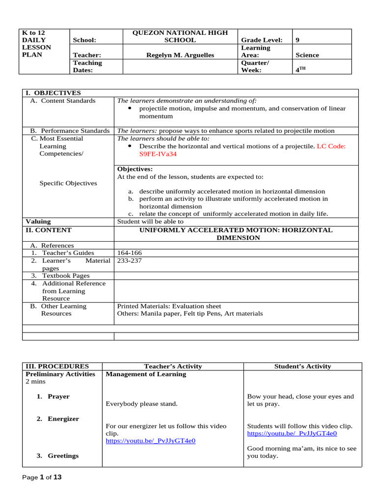 LESSON PLAN UAM-HORIZONTAL | PDF | Acceleration | Velocity