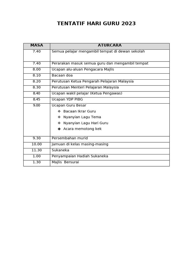 Tentatif Hari Guru 2023 | PDF
