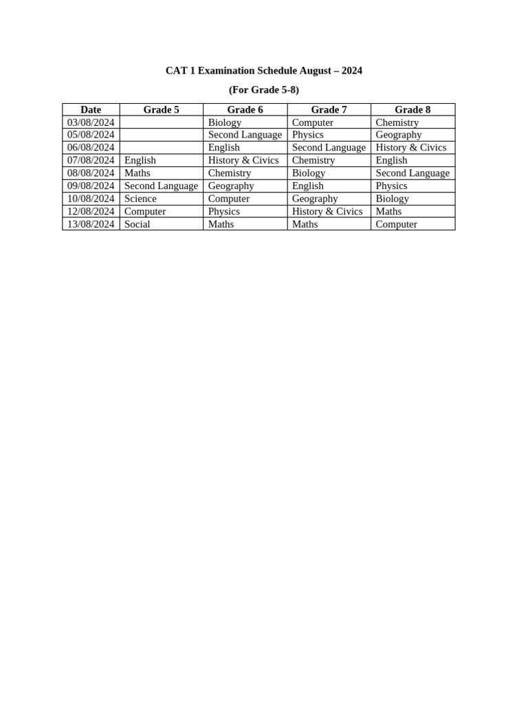 CAT 1 Exam Schedule August 2024 | PDF