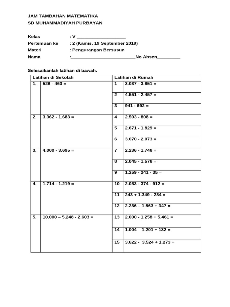 Pengurangan Bersusun Kelas V | PDF