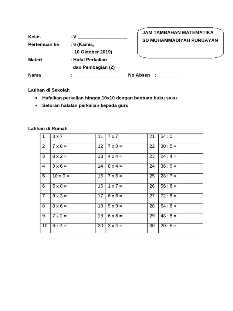 Hafal Perkalian Dan Pembagian | PDF