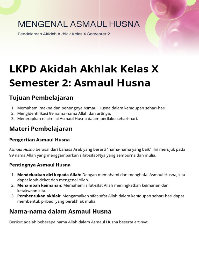 LKPD Akidah Akhlak Kelas X Semester 2 Asmaul Husna | PDF