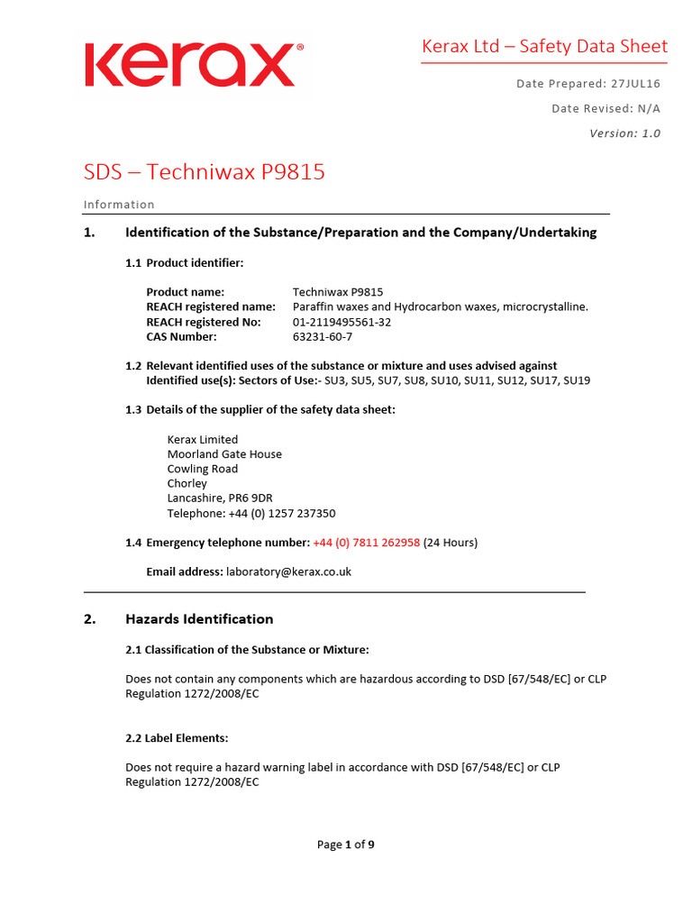Techniwax P9815 Safety Data Sheet | PDF | Toxicity | Combustion