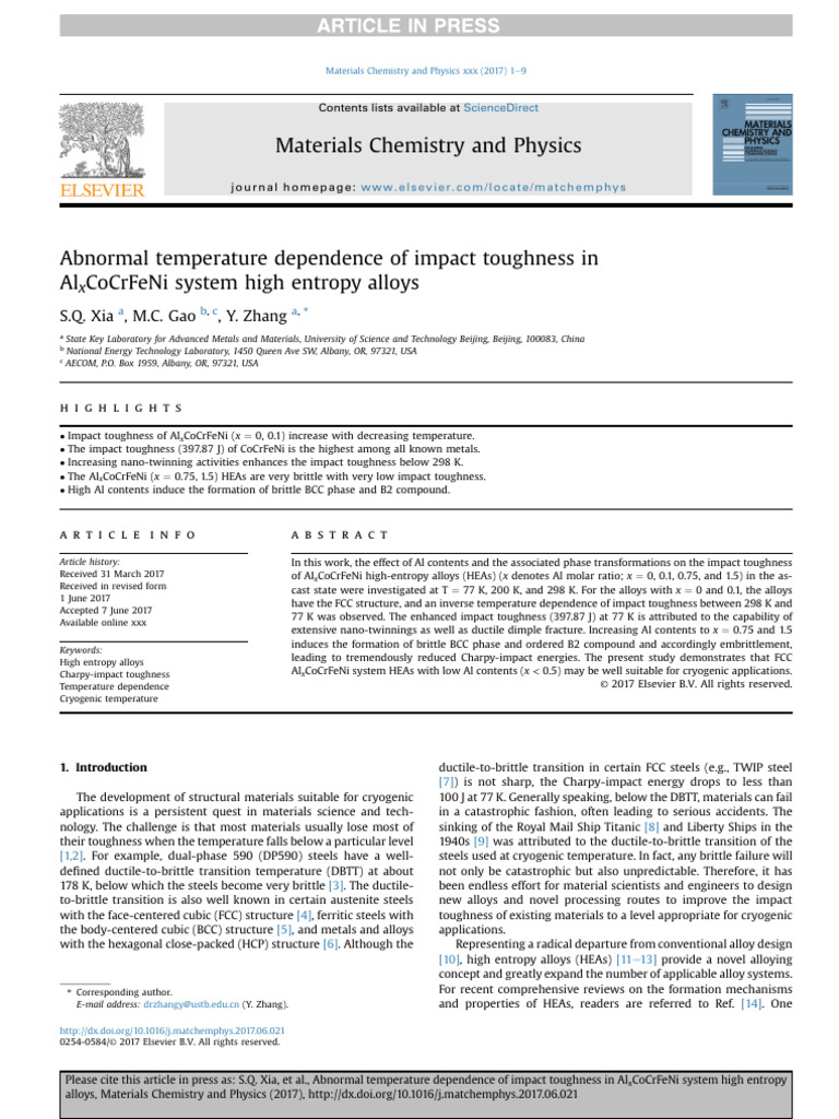 Abnormal Temperature Dependence of Impact Toughness in AlxCoCrFeNi ...