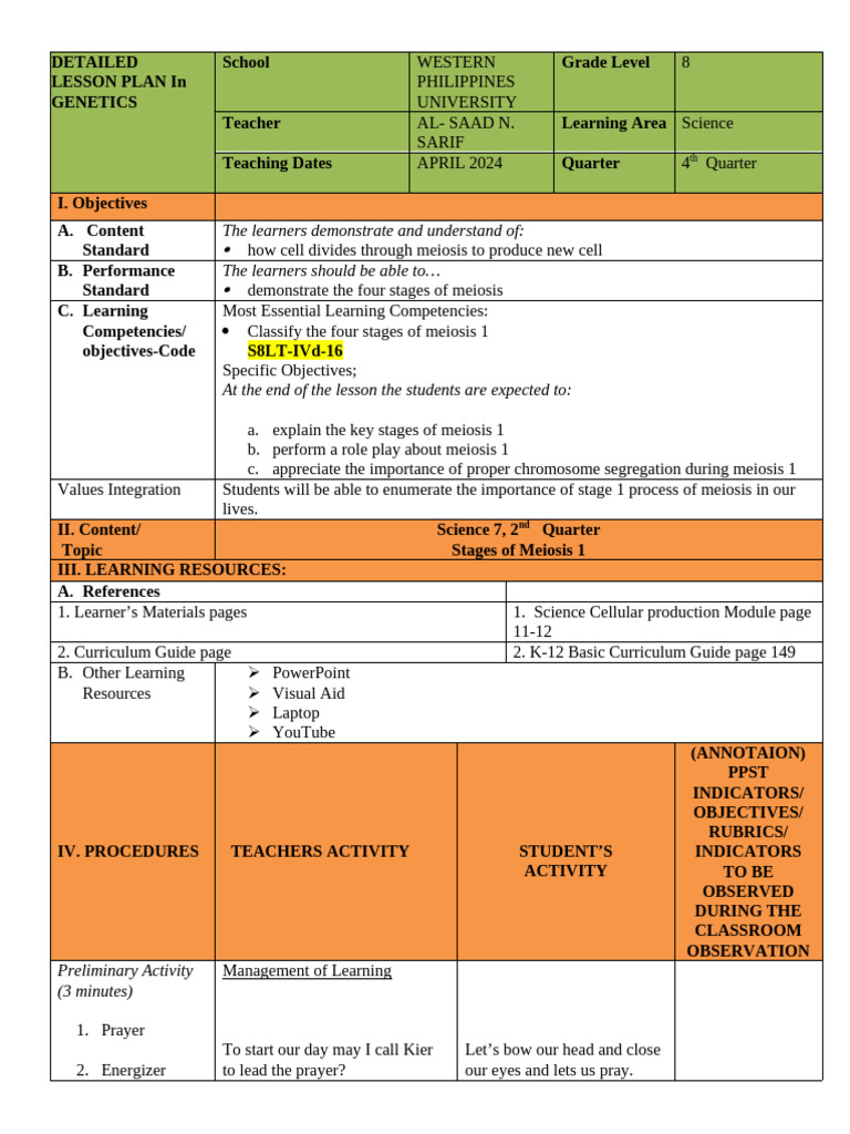 8th Grade Meiosis Lesson Plan | PDF | Meiosis | Biology