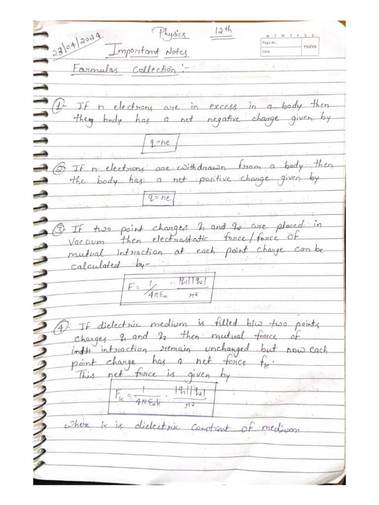 Physics Formula Class-12th Chapter-1 | PDF