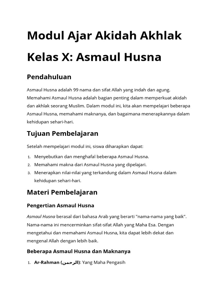 Modul Ajar Akidah Akhlak Kelas X Asmaul Husna | PDF