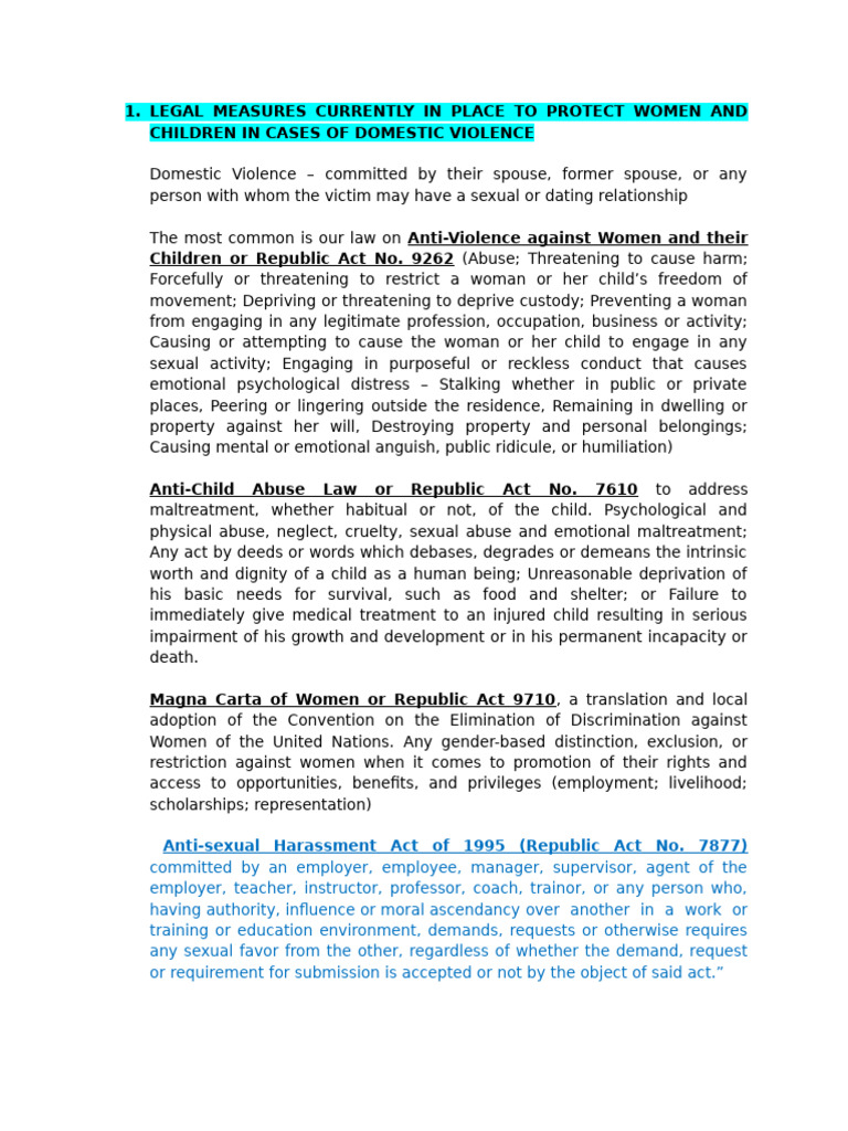 Legal Measures Currently in Place To Protect Women and Children in Cases of Domestic Violence ...