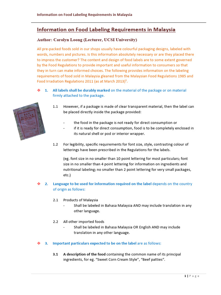 Information On Food Labeling Requirements in Malaysia | PDF | Nutrition ...
