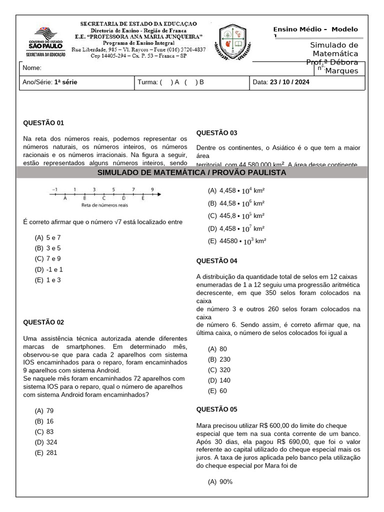 Simulado 1 em - Mat 1 | PDF | Números | Triângulo