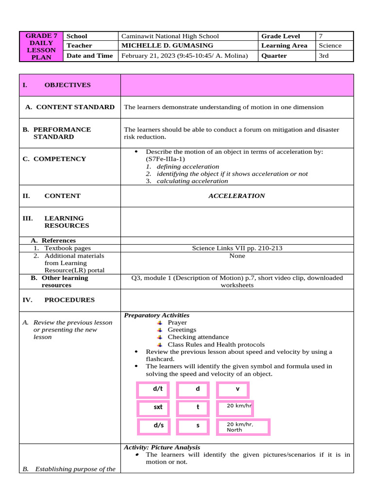 Lesson Plan_Speed | PDF | Acceleration | Speed