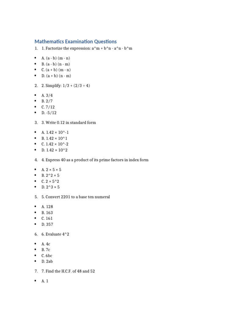 Math Exam Questions | PDF