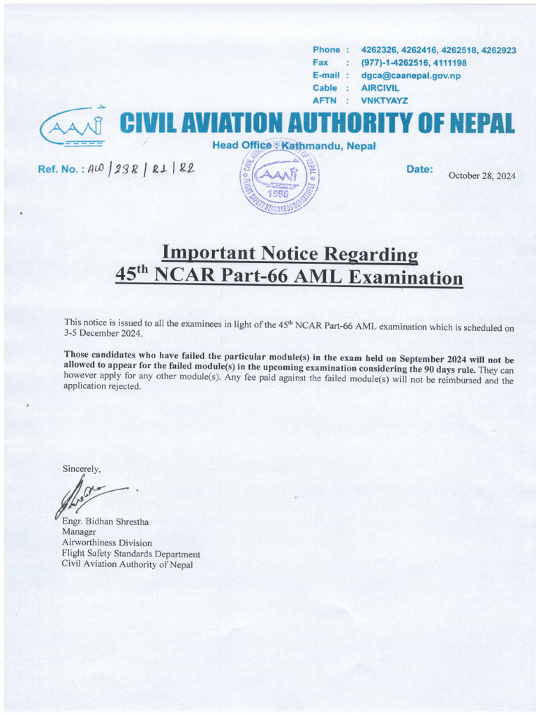 45th NCAR Part-66 AML Exam Notice Consolidated | PDF | Regulation