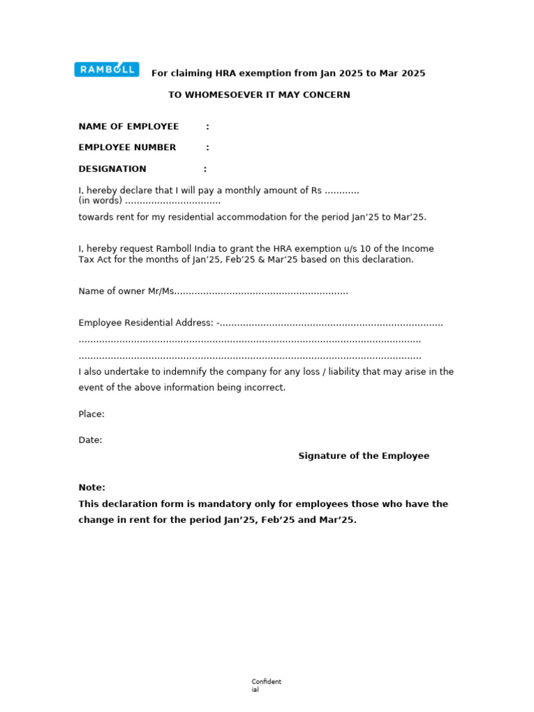 HRA Declaration Form for Jan-Mar 2025 | PDF