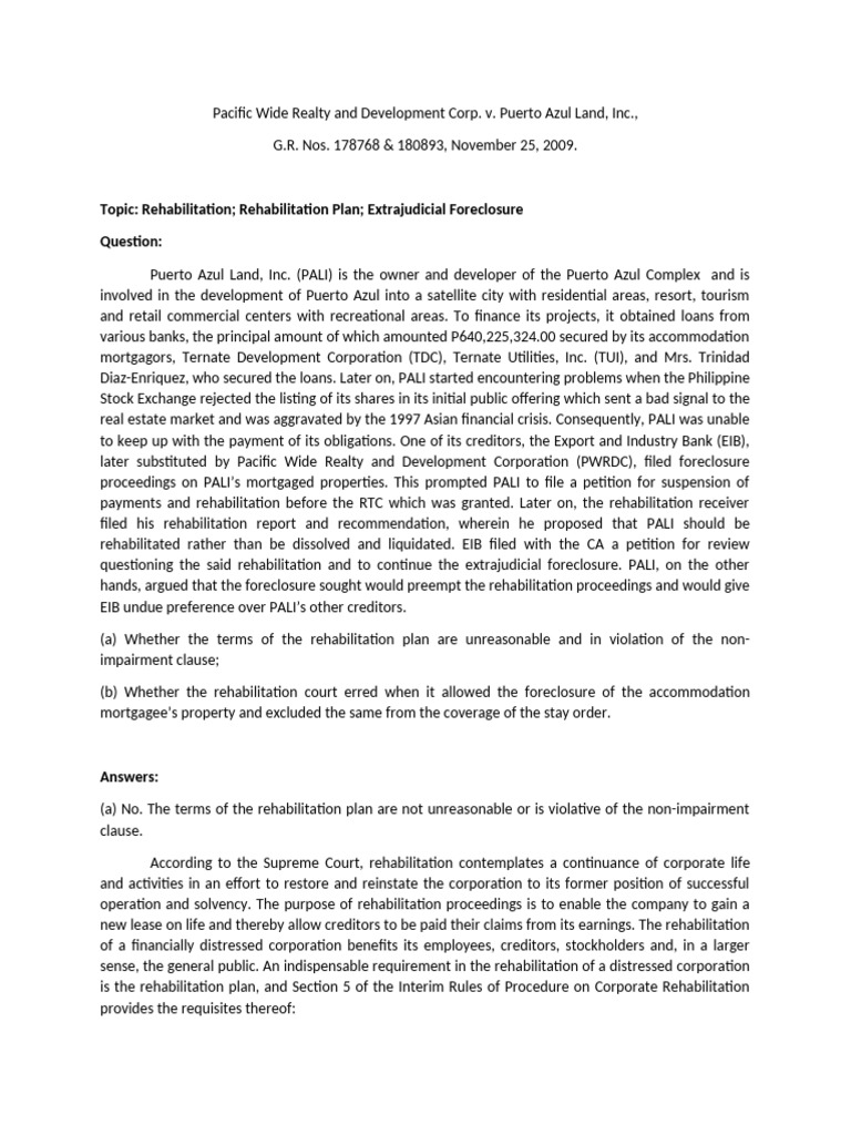 Rehabilitation; Rehabilitation Plan; Extrajudicial Foreclosure | PDF ...