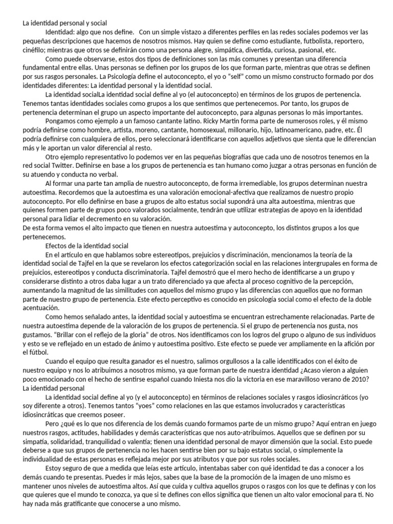La identidad personal y social | PDF | Autoestima | Autoconcepto