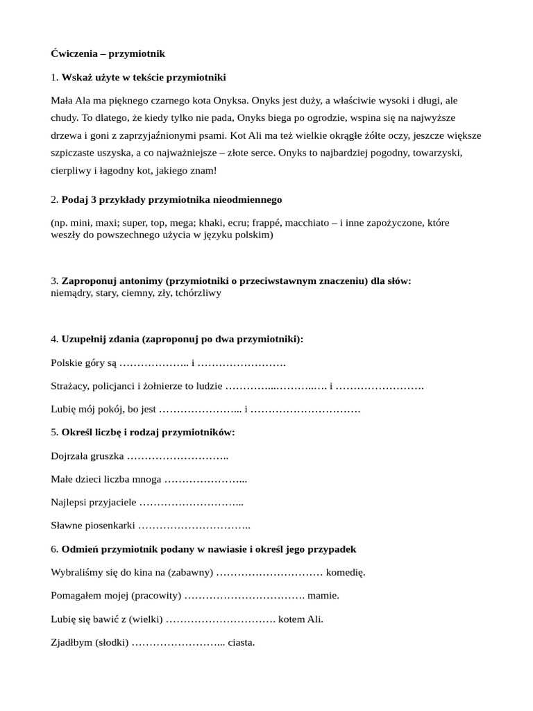 Wiczenia Przymiotnik | PDF