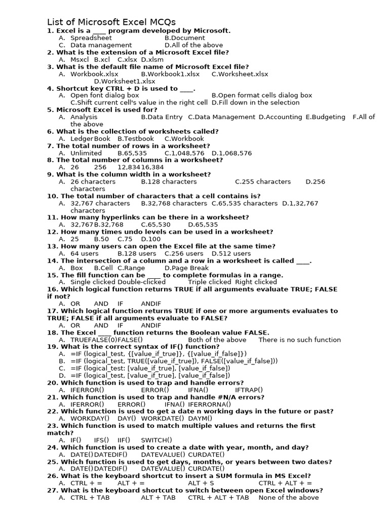 List of Microsoft Excel MCQs | PDF | Microsoft Excel | Worksheet