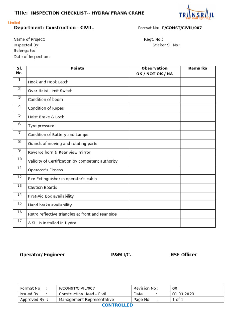 Checklist For Hydra Crane | PDF