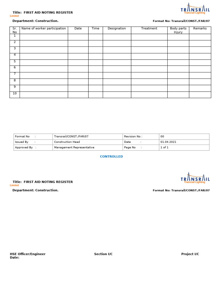 First Aid Noting Register | PDF