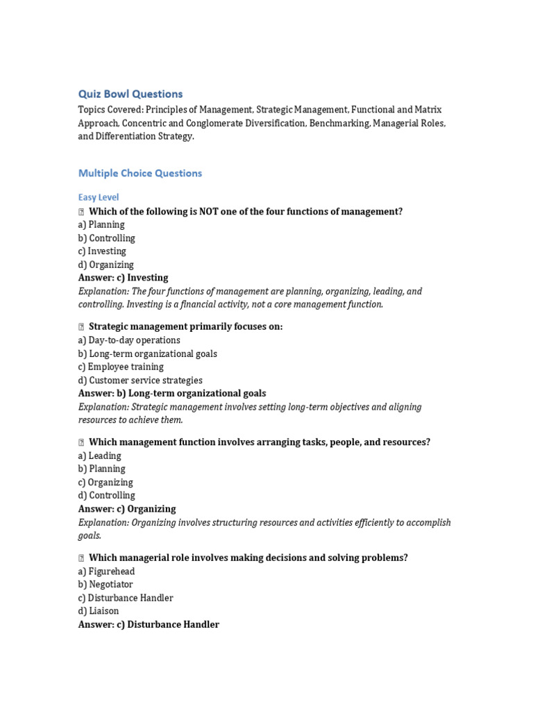 Quiz_Bowl_Questions (1) | PDF | Strategic Management | Swot Analysis