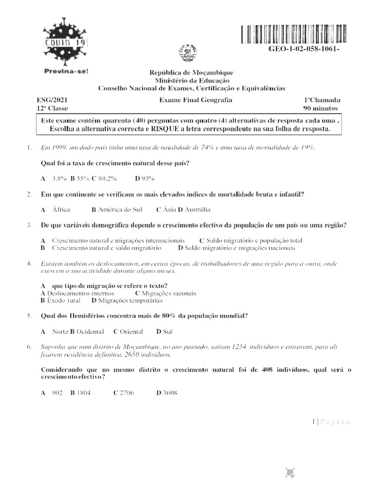 Exame de Geografia 12a Classe 2021 | PDF