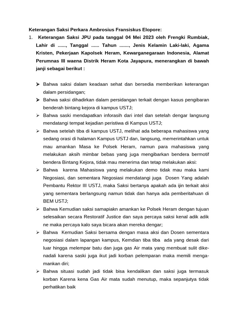 Keterangan Saksi Perkara Yoseph Ernesto Matuan | PDF