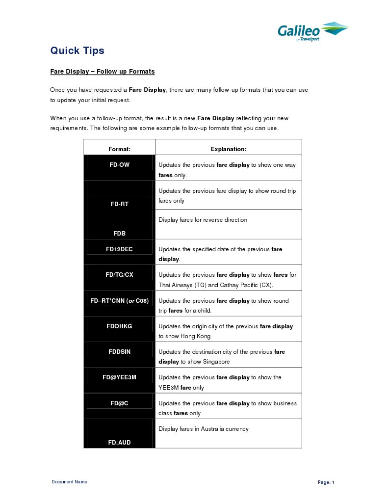 Galileo Fare Display Formats | PDF