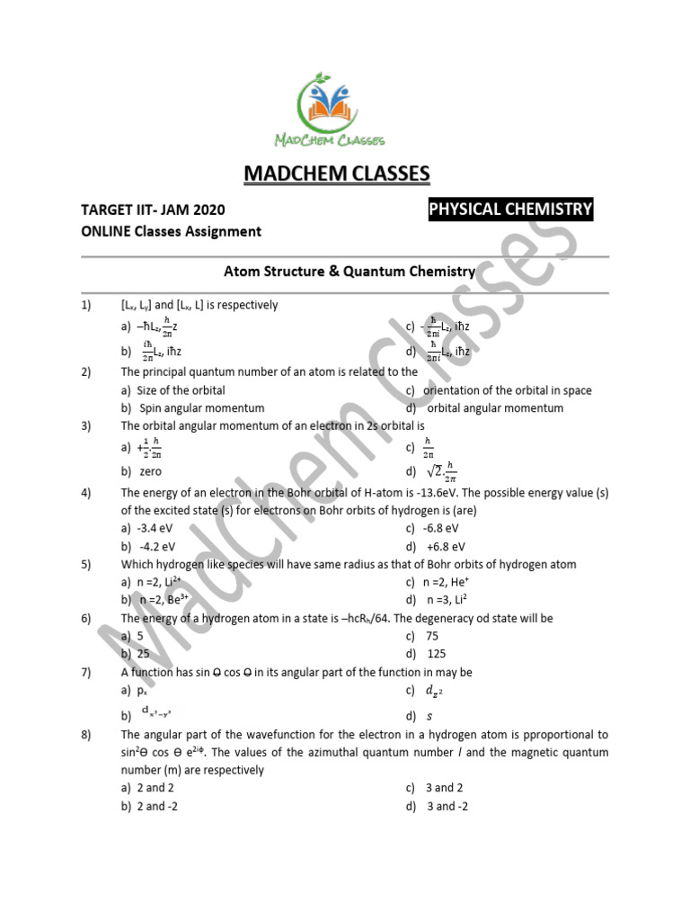 (JAM) Assignment Atom Structure & Quantum Chemistry of JAM | PDF | Atomic Orbital | Chemical Physics