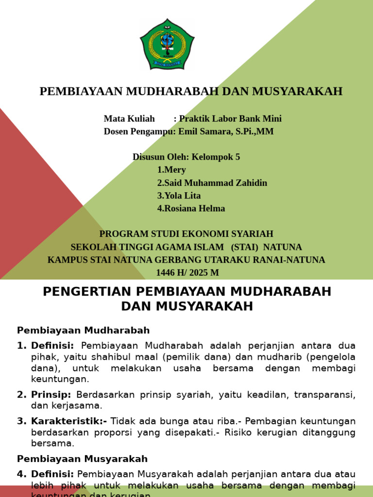 PPT Pembiayaan Mudharabah Dan Musyarakah | PDF