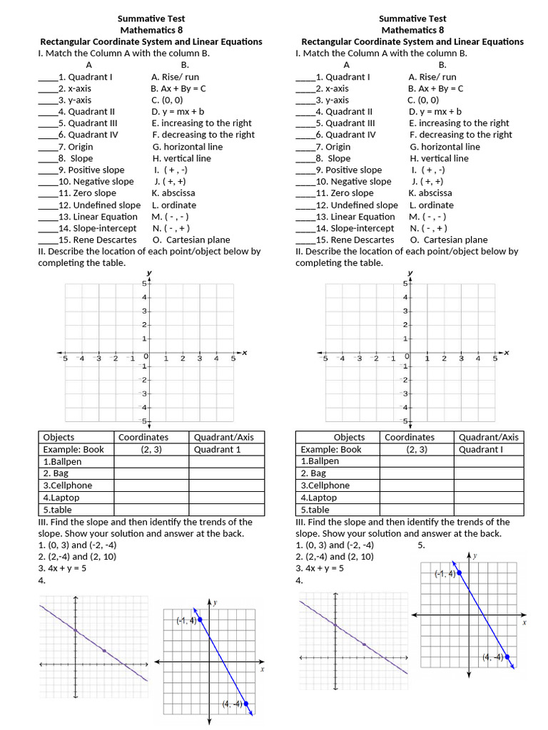 Math 8 Test: Coordinate System & Equations | PDF | Cartesian Coordinate ...