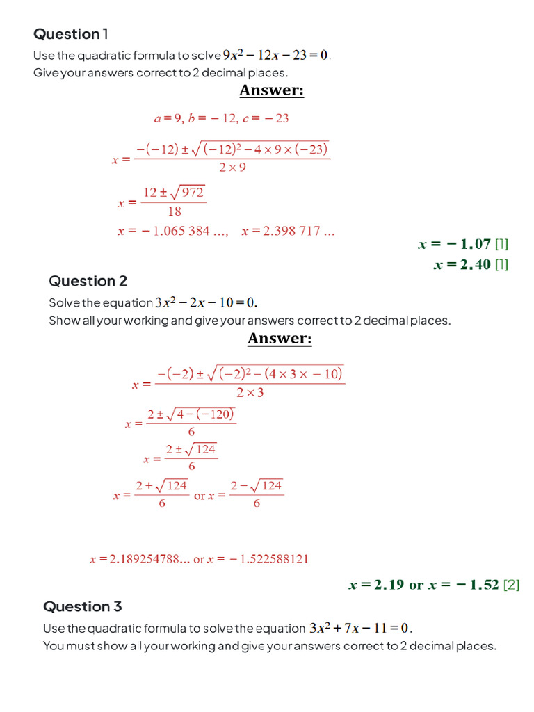Answer- IGCSE MATH - Quadratic Equations | PDF Answer- IGCSE MATH - Quadratic Equations | PDF