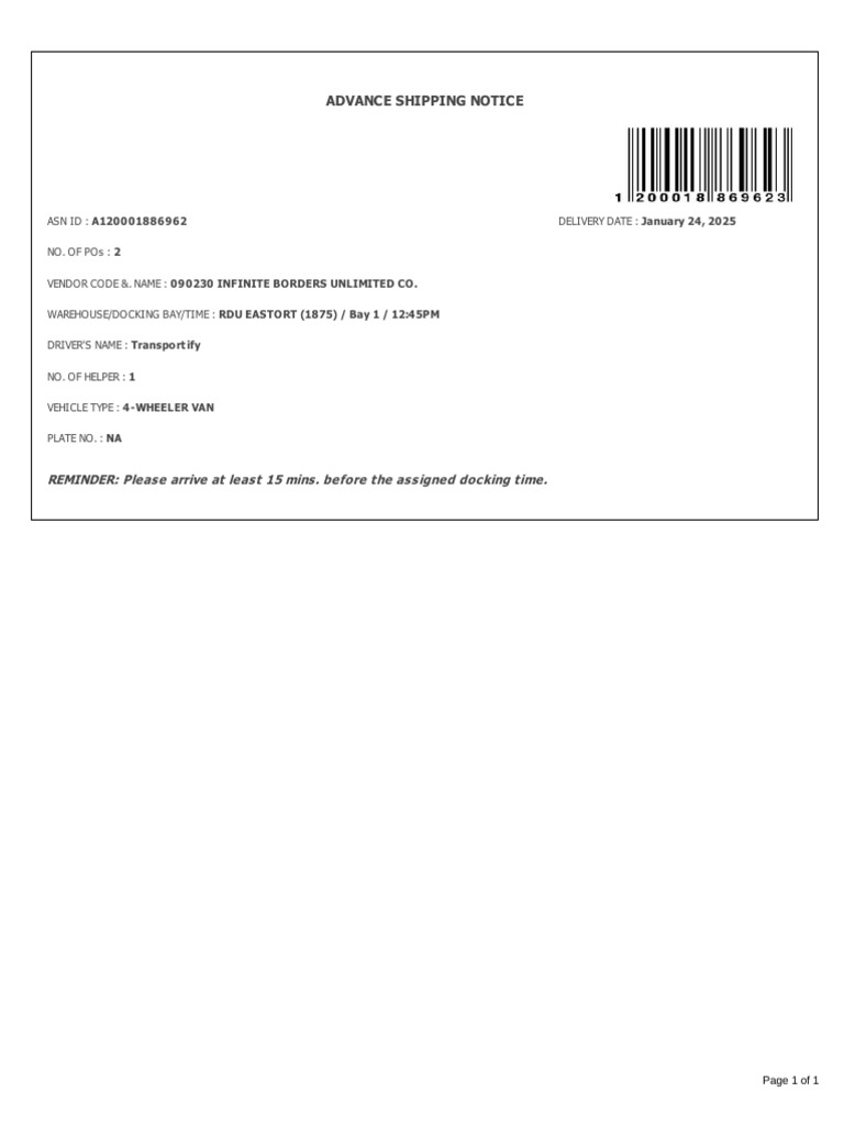 Advance Shipping Notice for ASN A120001886962 | PDF