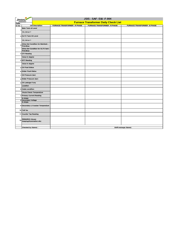Furnace Transformer Daily Checklist | PDF