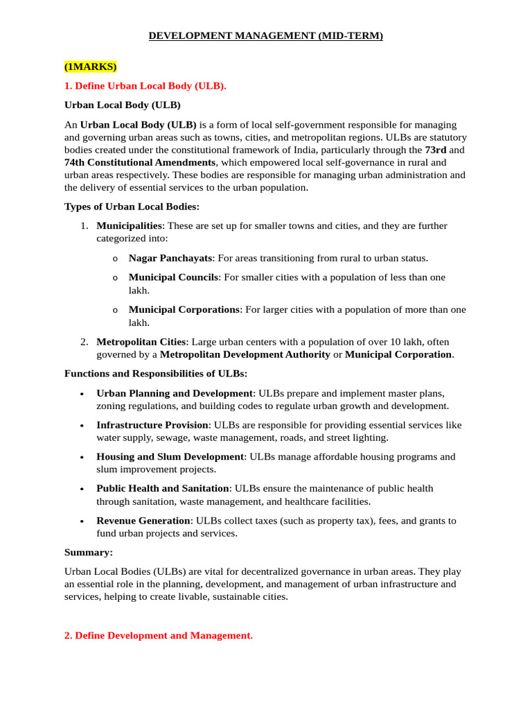 Development Management Mid-Term All Questions | PDF | Net Present Value | Public–Private Partnership