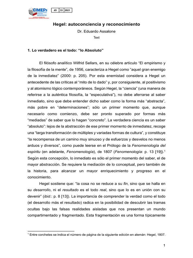 Hegel: Autoconciencia y Absoluto | PDF | Georg Wilhelm Friedrich Hegel ...