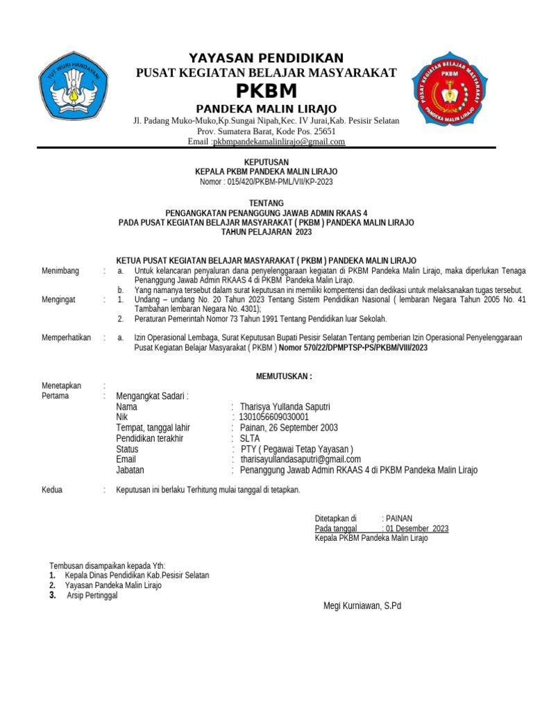 SK ADMIN RKAAS 4 PKBM PML | PDF