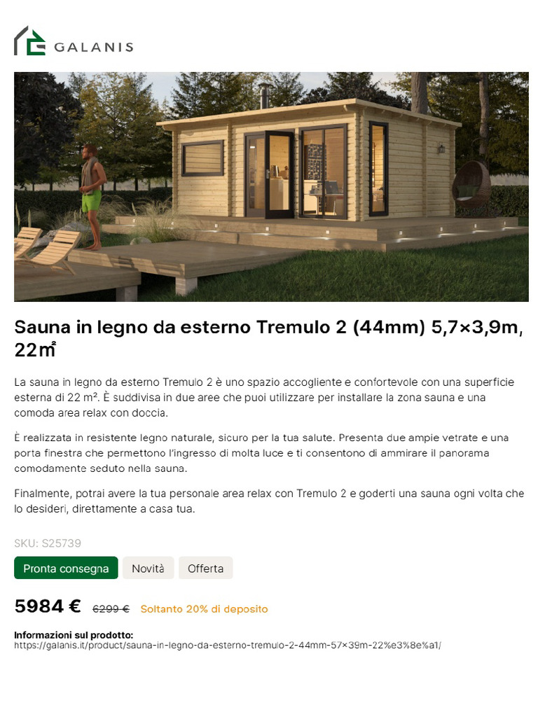 Sauna in legno da esterno Tremulo 2 (44mm) 5,7×3,9m, 22㎡ - Galanis | PDF