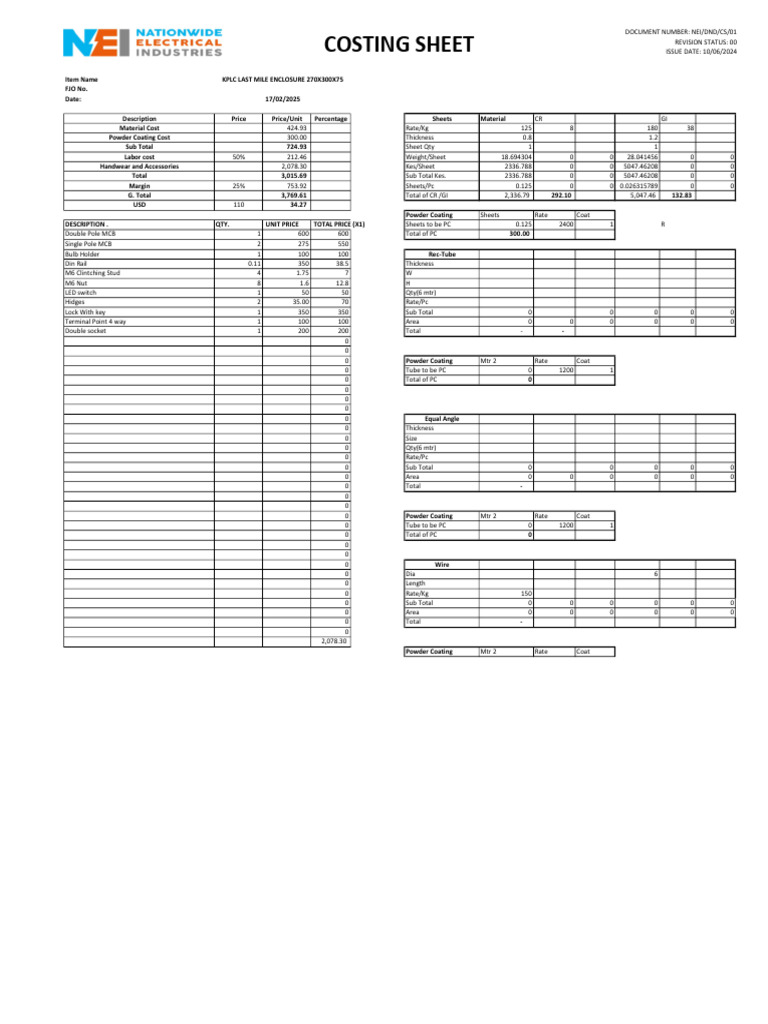 KPLC LAST MILE ENCLOSURE 270X300X75 Costing | PDF | Manufactured Goods