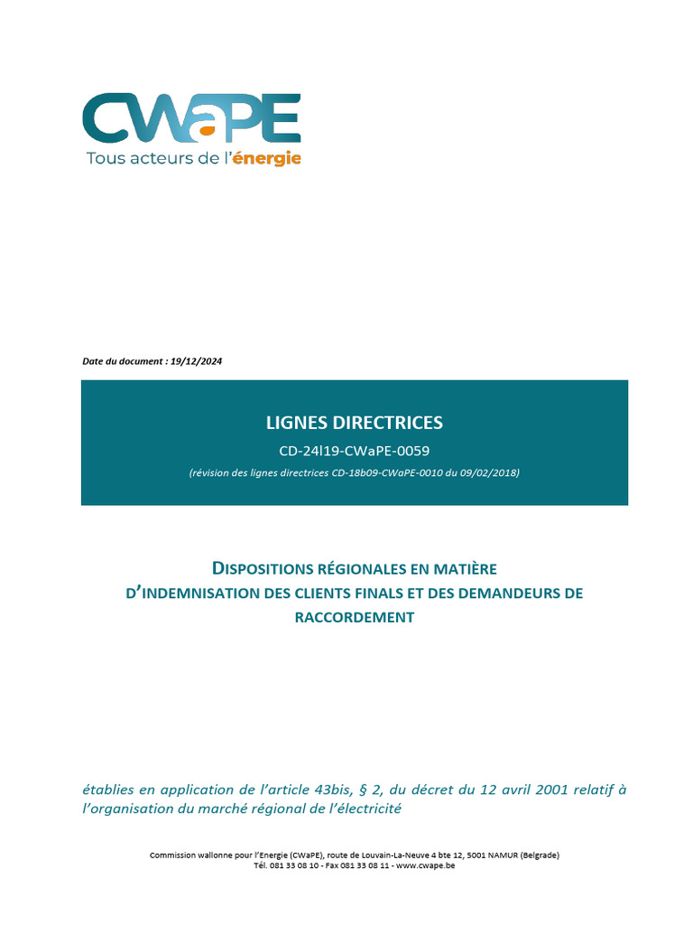 Indemnisation clients : lignes directrices CWaPE | PDF | Réseau de ...