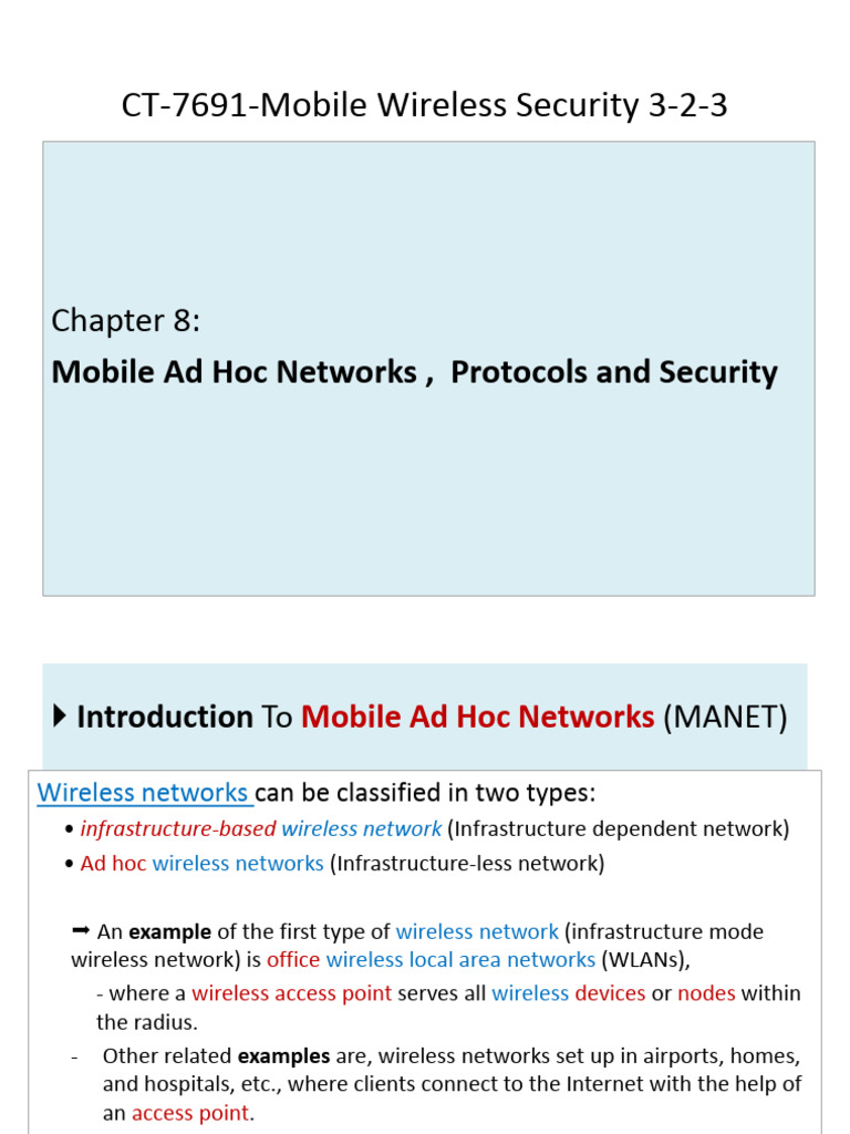 Chapter 8 Mobile AdHoc Networks, Protocols and Security Class | PDF ...