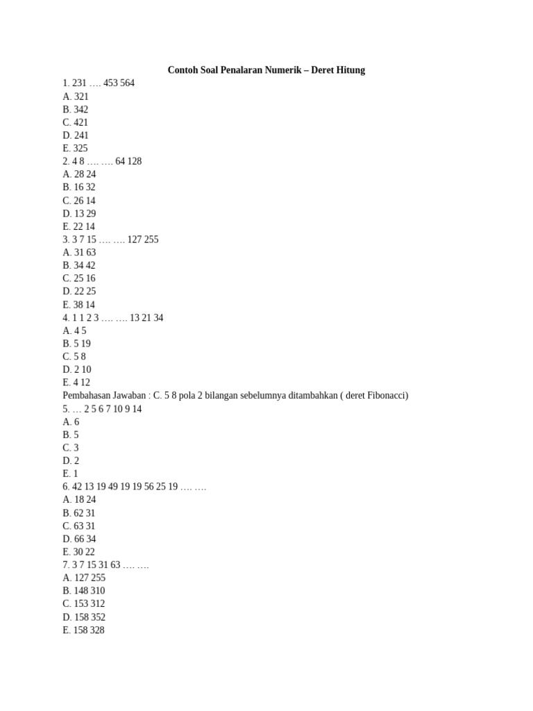 Latihan Soal Penalaran Numerik Deret Aritmatika | PDF