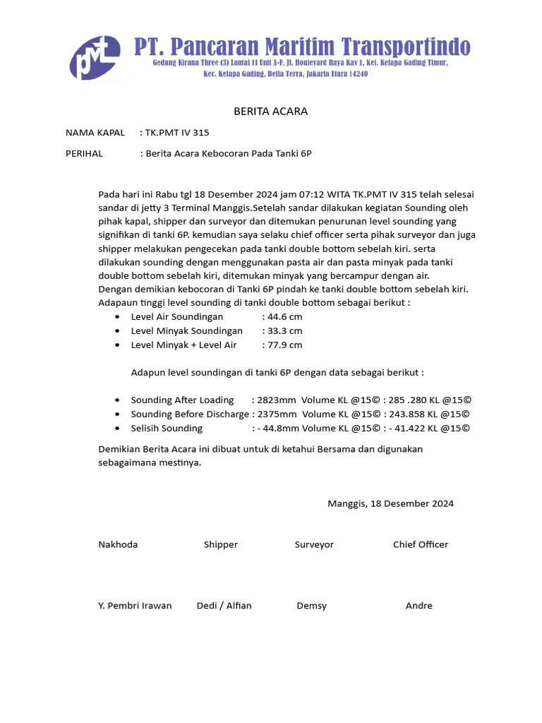 Berita Acara Kebocoran Tanki Muatan 6P | PDF