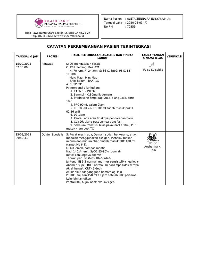 CPPT Pasien Anak Itp | PDF