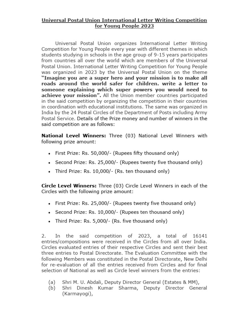Letter Writing Competition Winners | PDF | Philately | Freight Transport