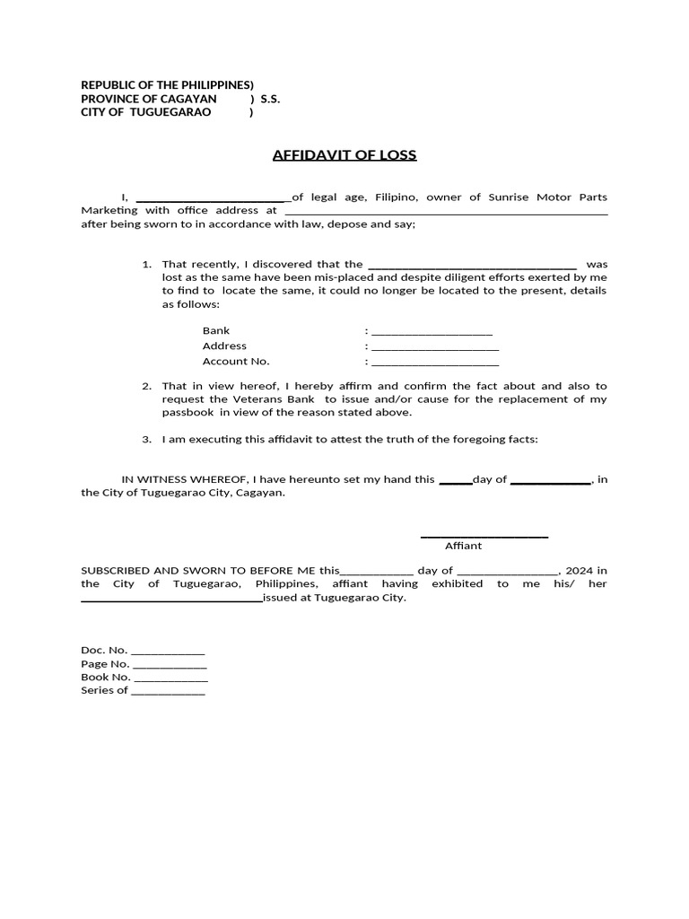 Affidavit of Loss for Bank Passbook | PDF