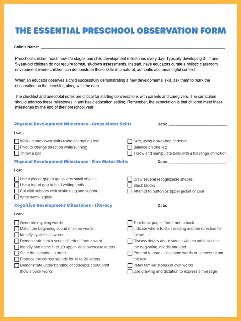 Preschool Observation Form | PDF | Child Development | Learning