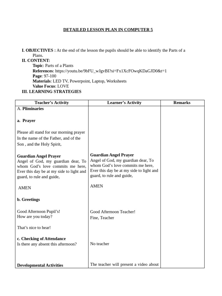 Detailed Lesson Plan Parts of The Plants | PDF | Flowers | Root