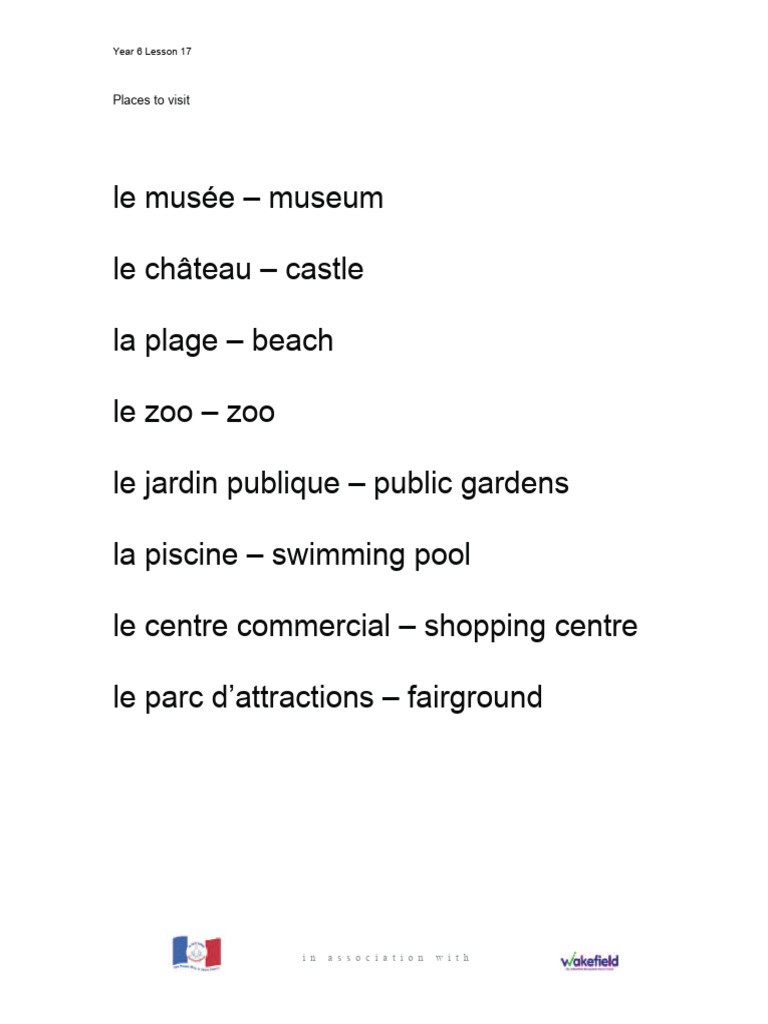 Y6 French Lesson 17 - OHT Places To Visit | PDF
