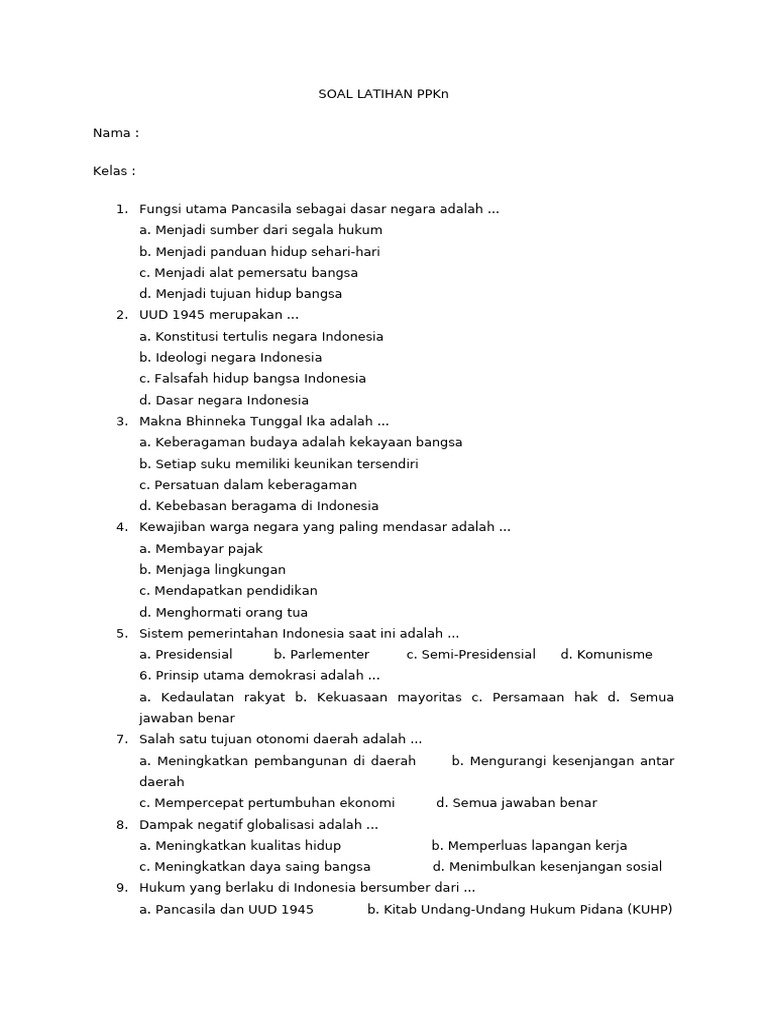 SOAL LATIHAN PPKN | PDF